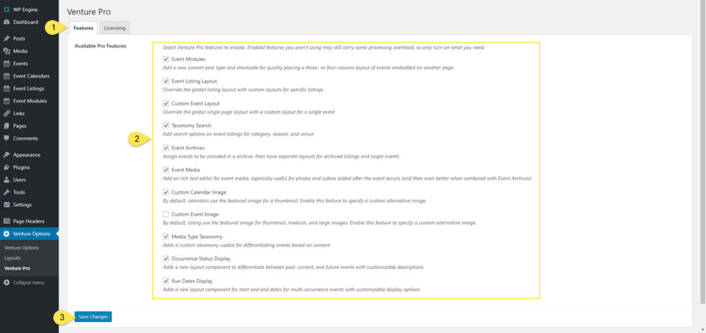 Enable Disable Pro Features Venture Event Manager Documentation