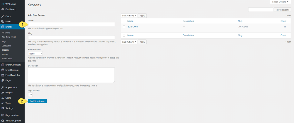 Event Seasons – Venture Event Manager Documentation