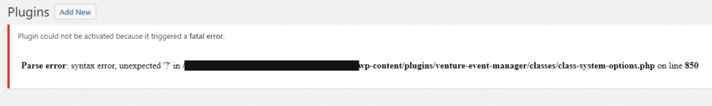Plugin Activation Errors – Venture Event Manager Documentation